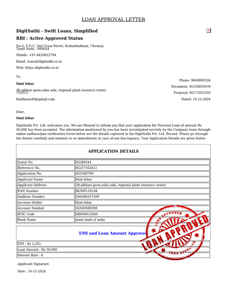 Loan Approval Letter: Digitsathi - Swift Loans, Simplified Rbi: Active ...