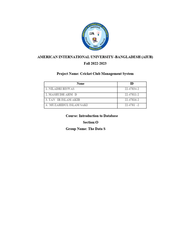 Cricket Club Management System Overview | PDF | Relational Model ...