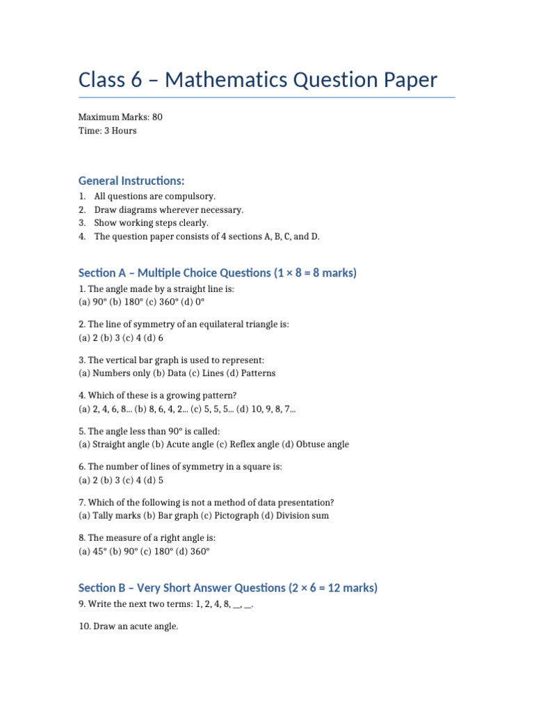 Class6 Maths QuestionPaper | PDF | Euclidean Plane Geometry | Geometry