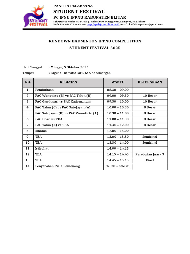 Jadwal Badminton Student Festival 2025 | PDF