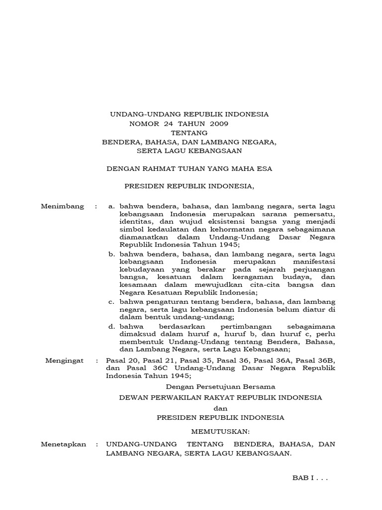 UU 24 Tahun 2009 Tentang Bendera, Bahasa, Lambang Negara, Serta Lagu ...