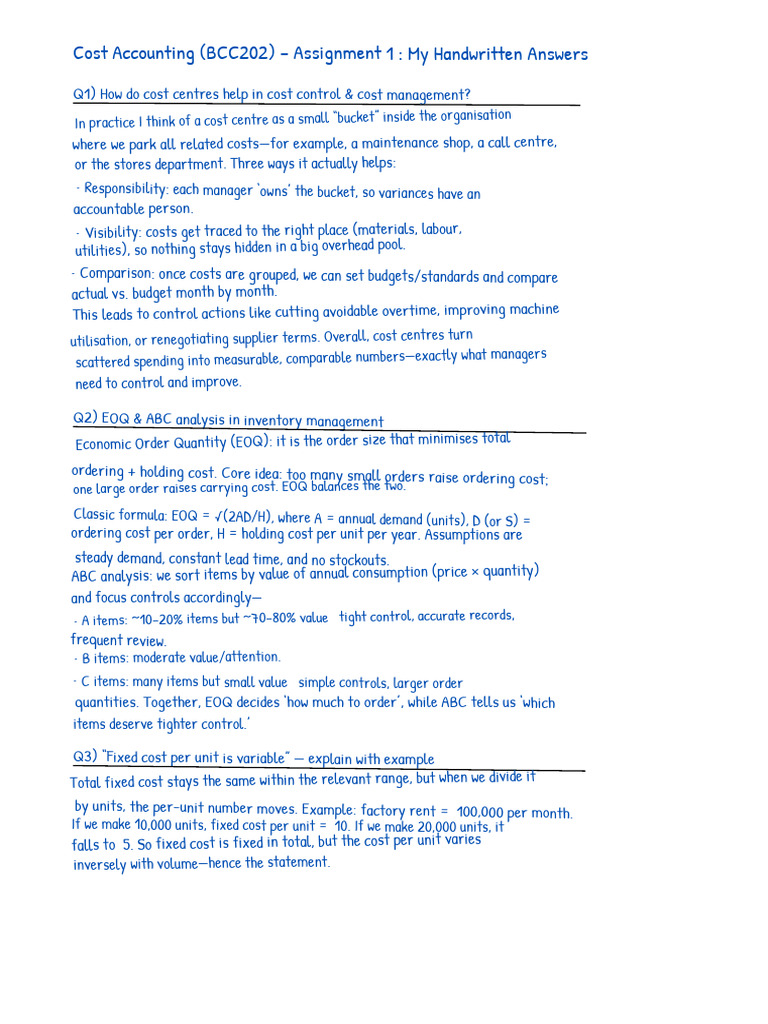 BCC202 Assignment Handwritten Answers Final | PDF | Cost Accounting ...