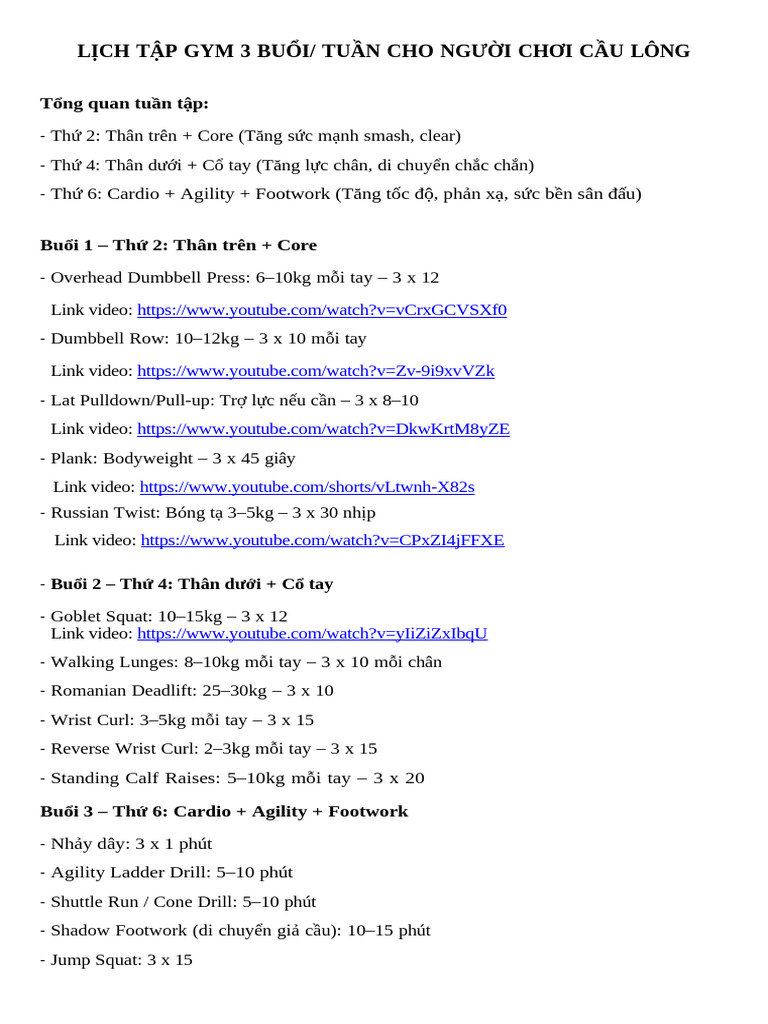 Lich Tap Gym Cau Long Hieu Qua | PDF