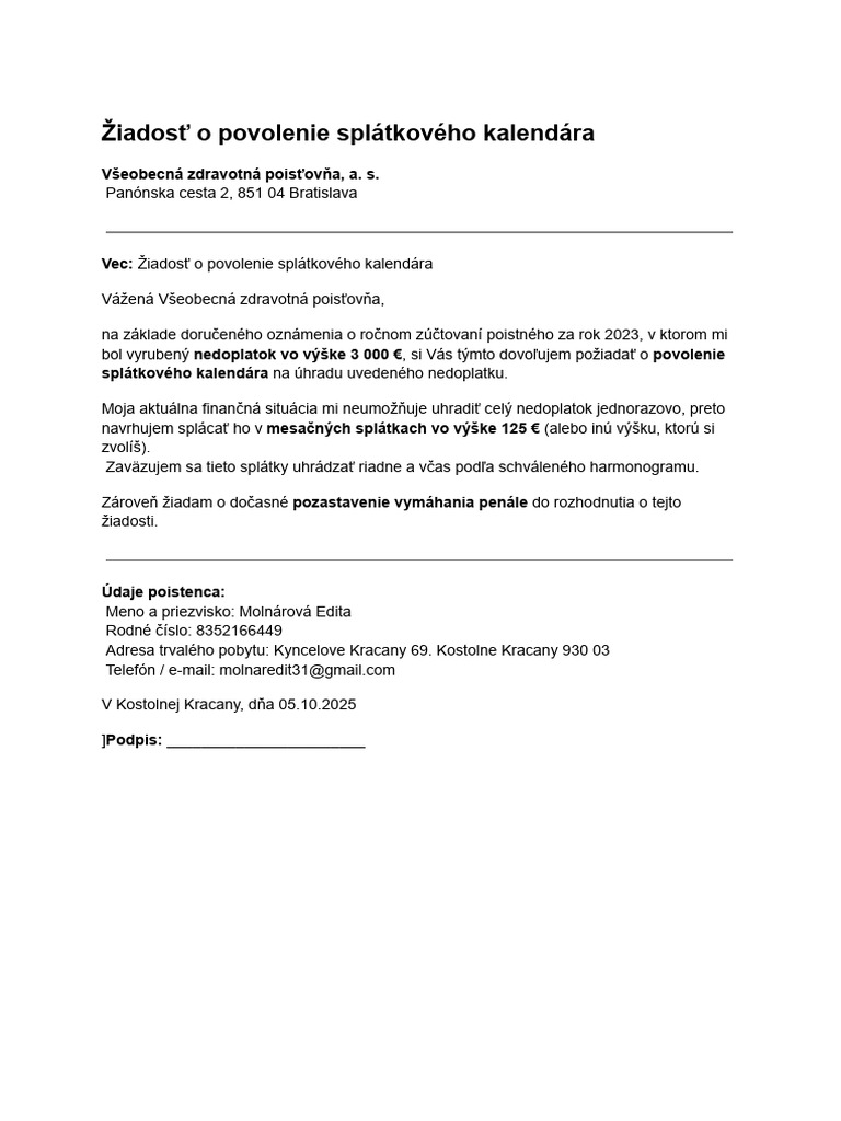 Žiadosť o Povolenie Splátkového Kalendára | PDF