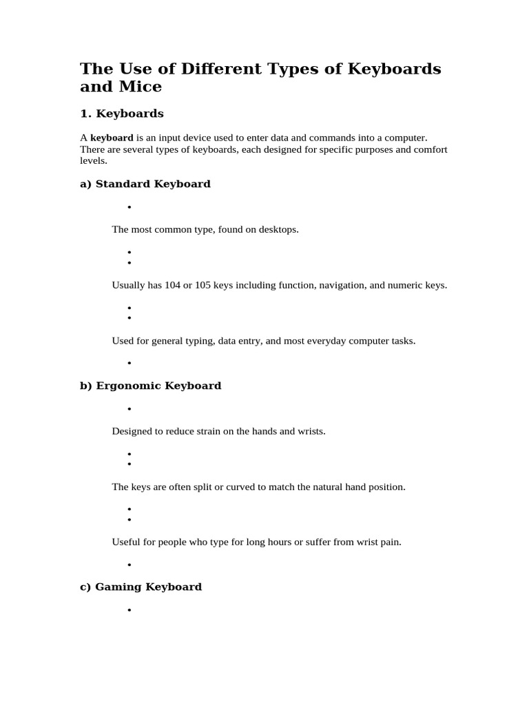 The Use of Different Types of Keyboards and Mice | PDF | Computer ...
