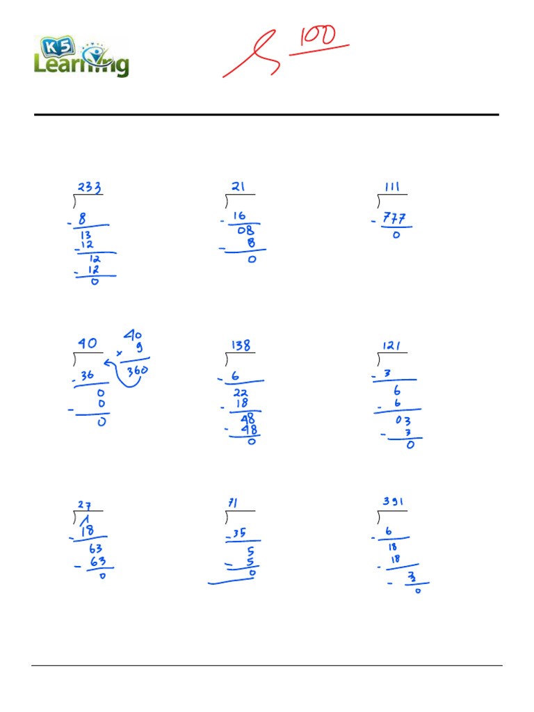 Grade 4 Long Division 3x1 Digit No Remainder A | PDF