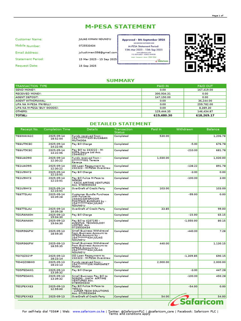 MPESA Statement 2025-03-15 To 2025-09-15 2547xxxxxx434 | PDF ...