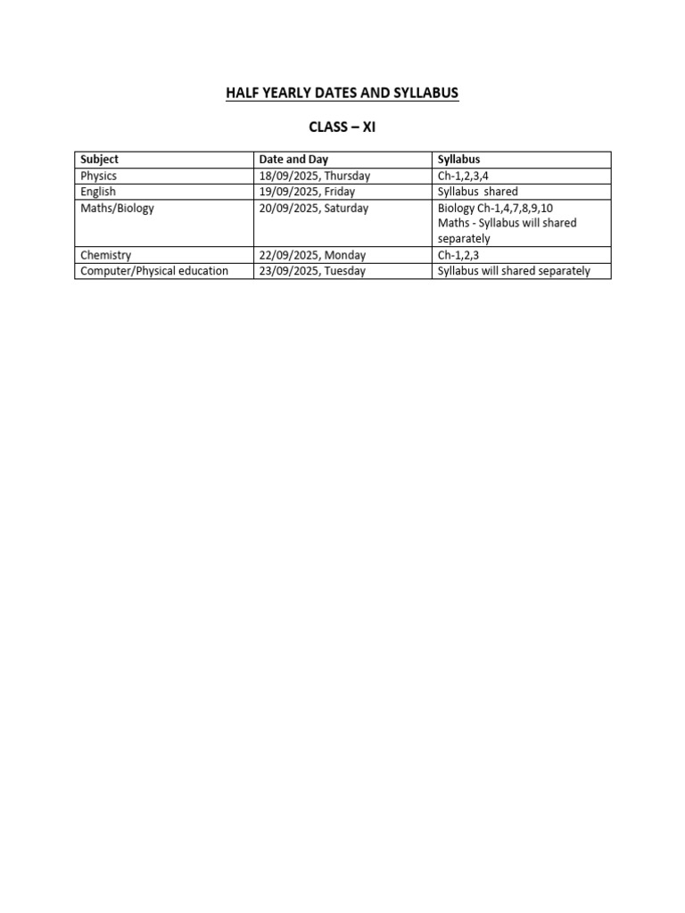 Half Yearly Time Table | PDF