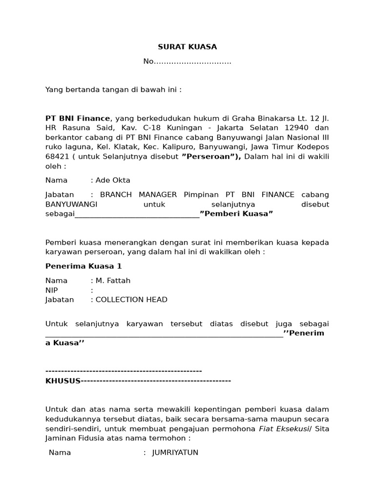 Surat Kuasa Pengajuan Fiat Eksekusi | PDF