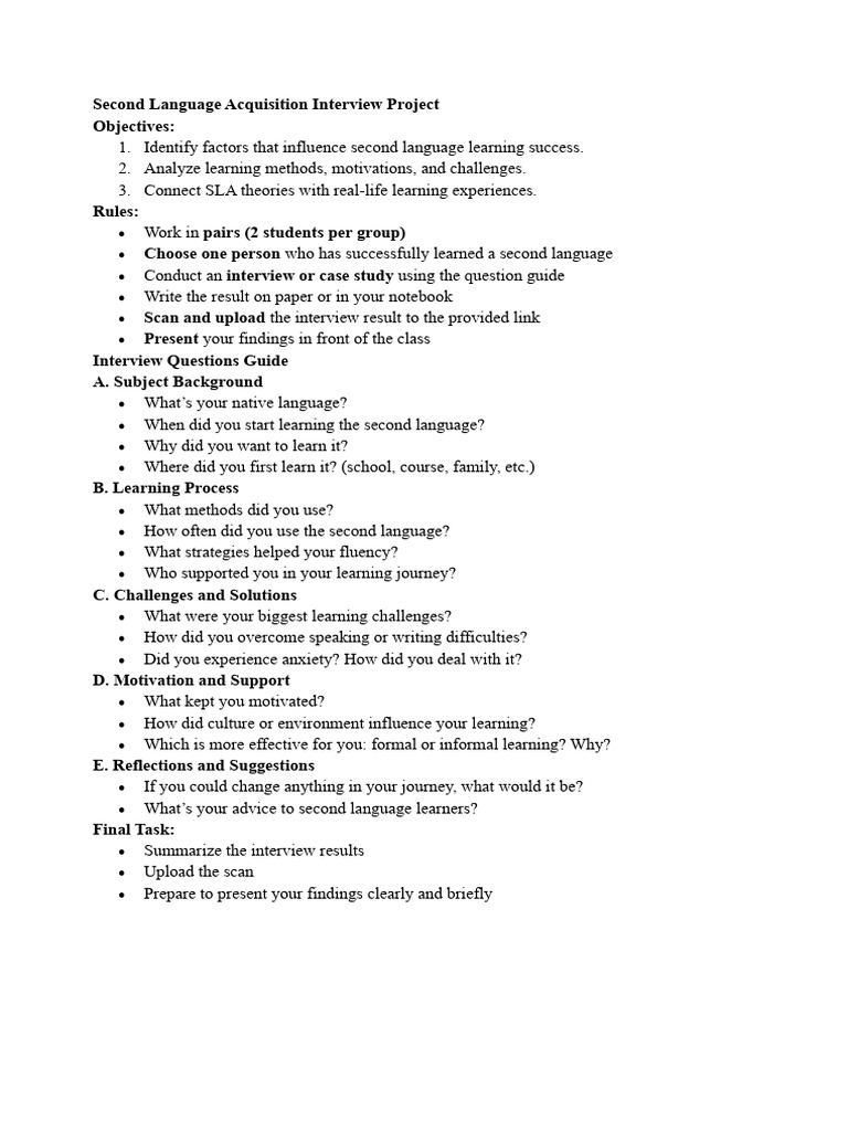 Second Language Acquisition Interview Project | PDF