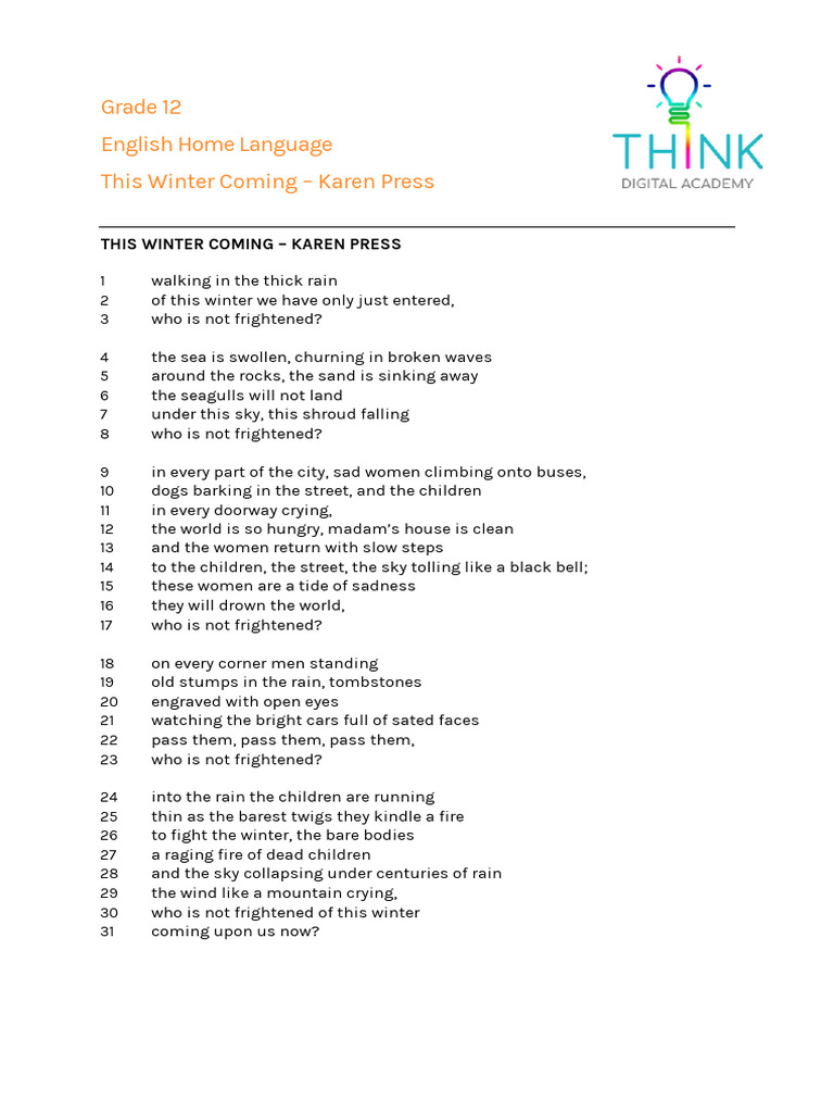 This Winter Coming by Karen | PDF | Poetry | Metaphor