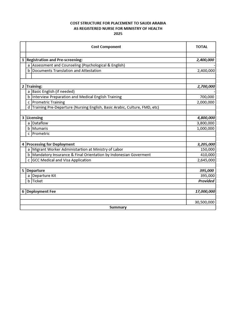 Cost Structure Biu Moh Saudi For Nurse | PDF