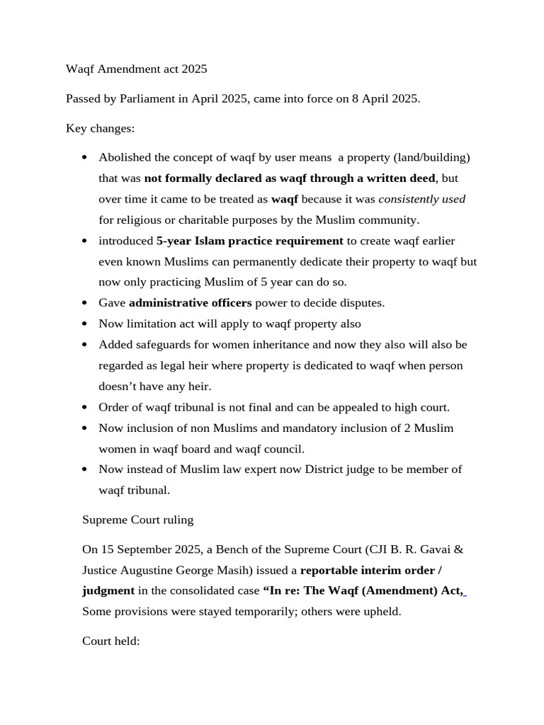Waqf Amendment Act 2025 Overview | PDF