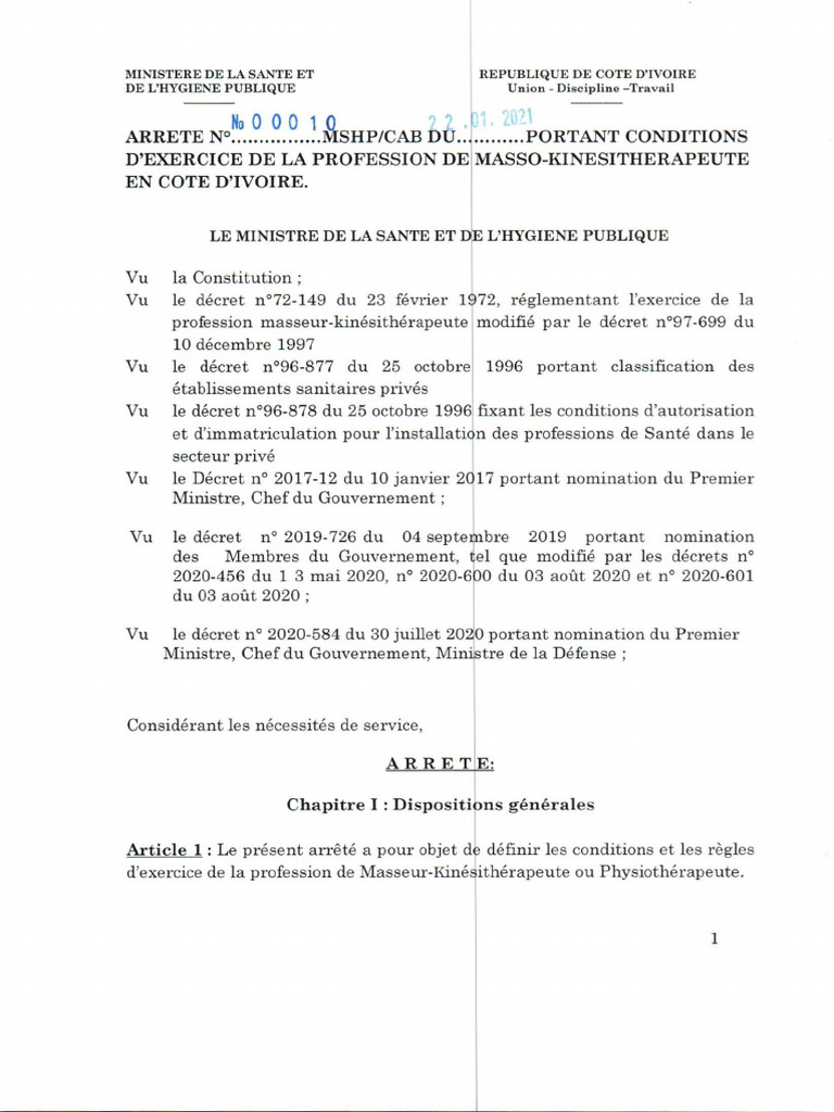 ARRETE N° 00010 DU 22 JANVIER 2021 PORTANT CONDITIONS D'EXERCICE DE LA ...
