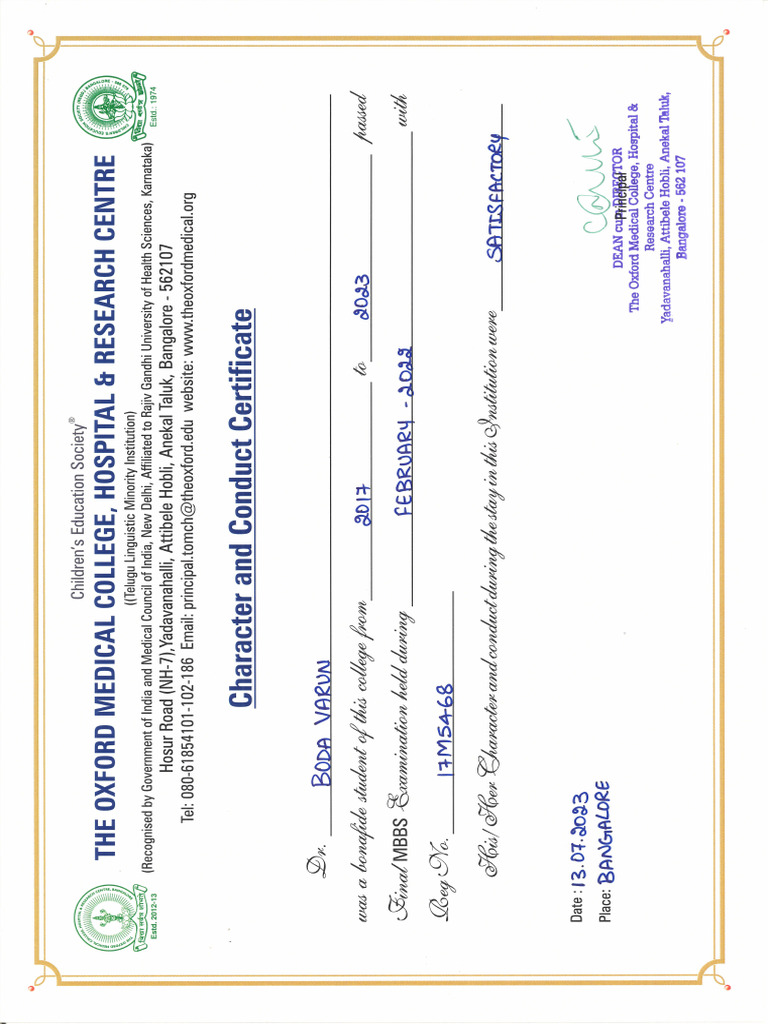 Character and Conduct Certificate | PDF