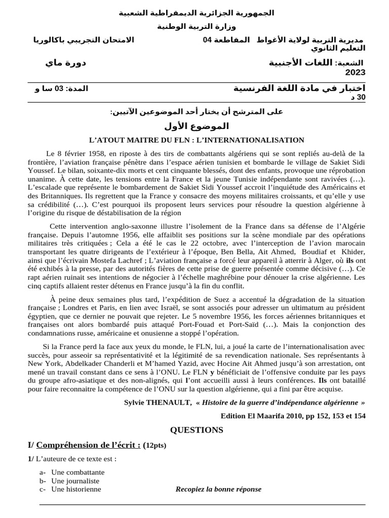 Examen de français : Bac 2023, Algérie | PDF