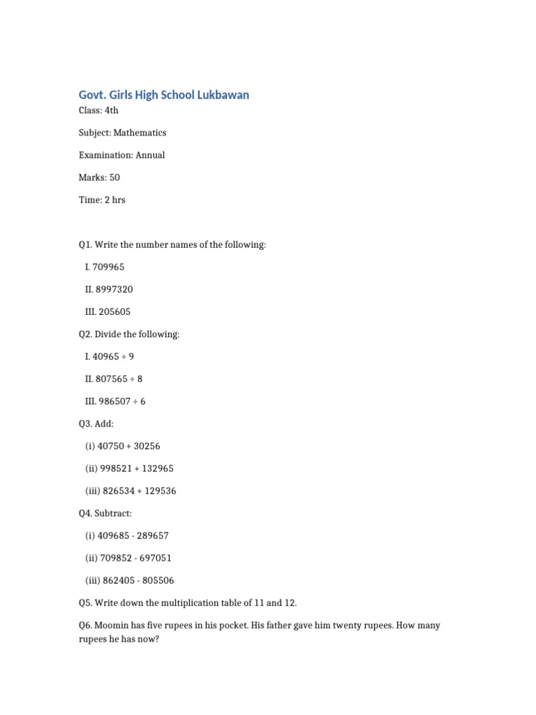 Class 4 Maths Question Paper | PDF