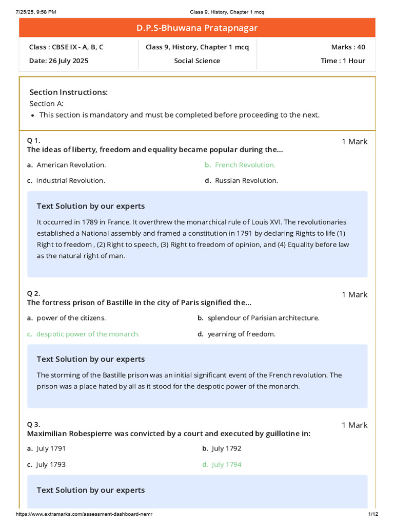 Class 9 History Chapter 1 MCQ | PDF | French Revolution | France
