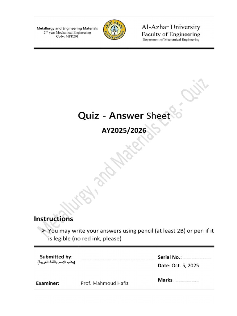 Quiz Answer Sheet - 2nd Year-25-26 Student | PDF