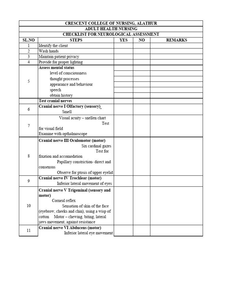 Neurological Assesment Checklist | PDF | Human Head And Neck | Neuroscience