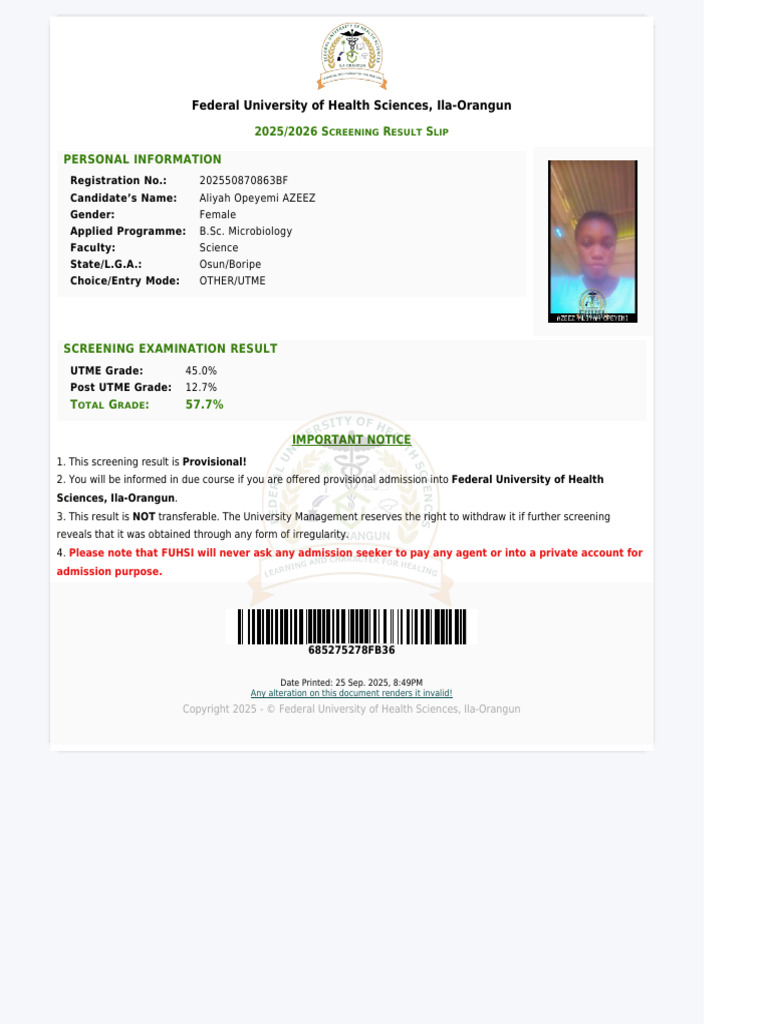 Provisional Admission Screening Result | PDF