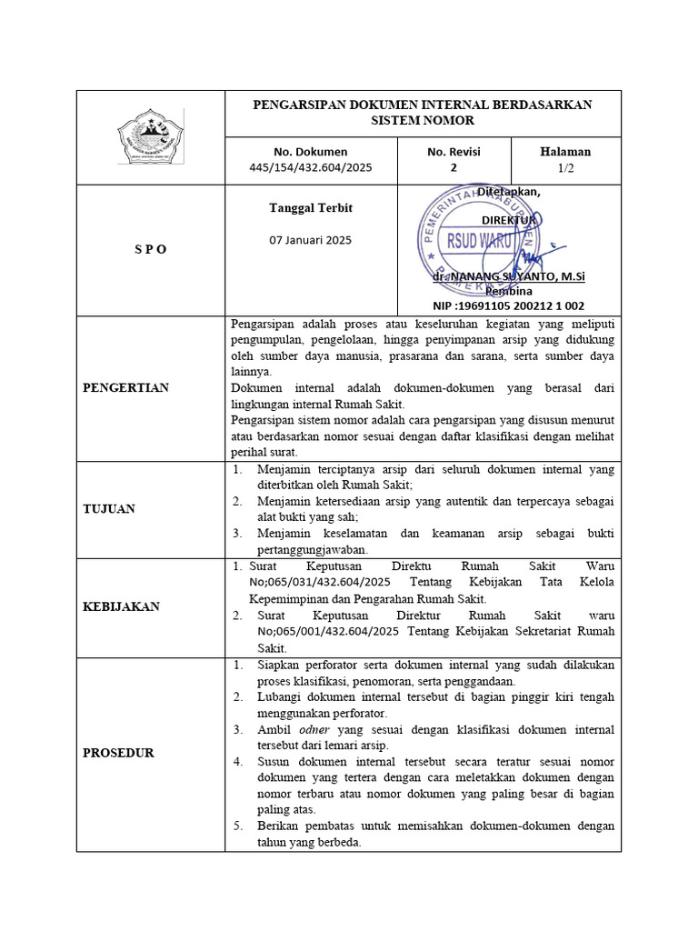04 SPO PENGARSIPAN DOKUMEN INTERNAL BERDASARKAN SISTEM NOMOR | PDF