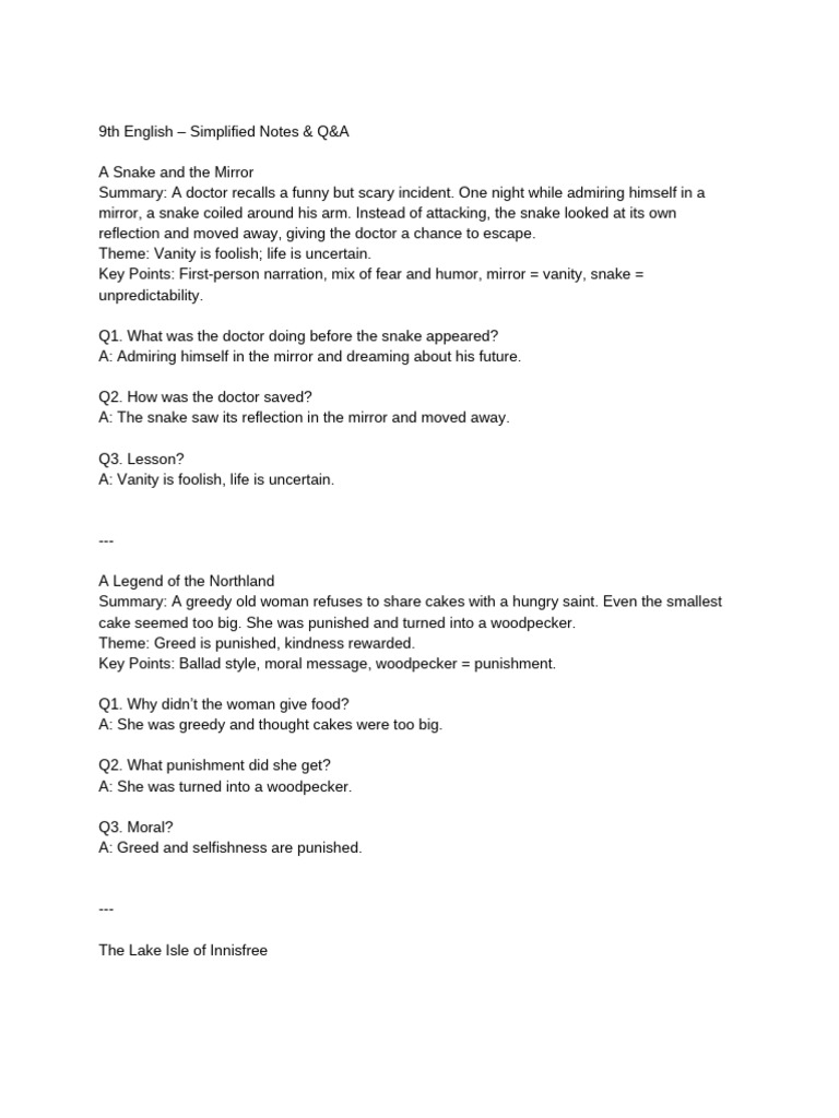 9th English - Simplified Notes & Q&A | PDF
