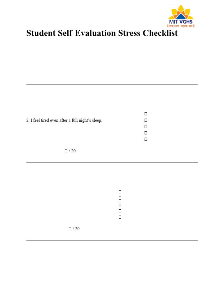 Student Self-Evaluation Stress Checklist-On Stress Management | PDF ...