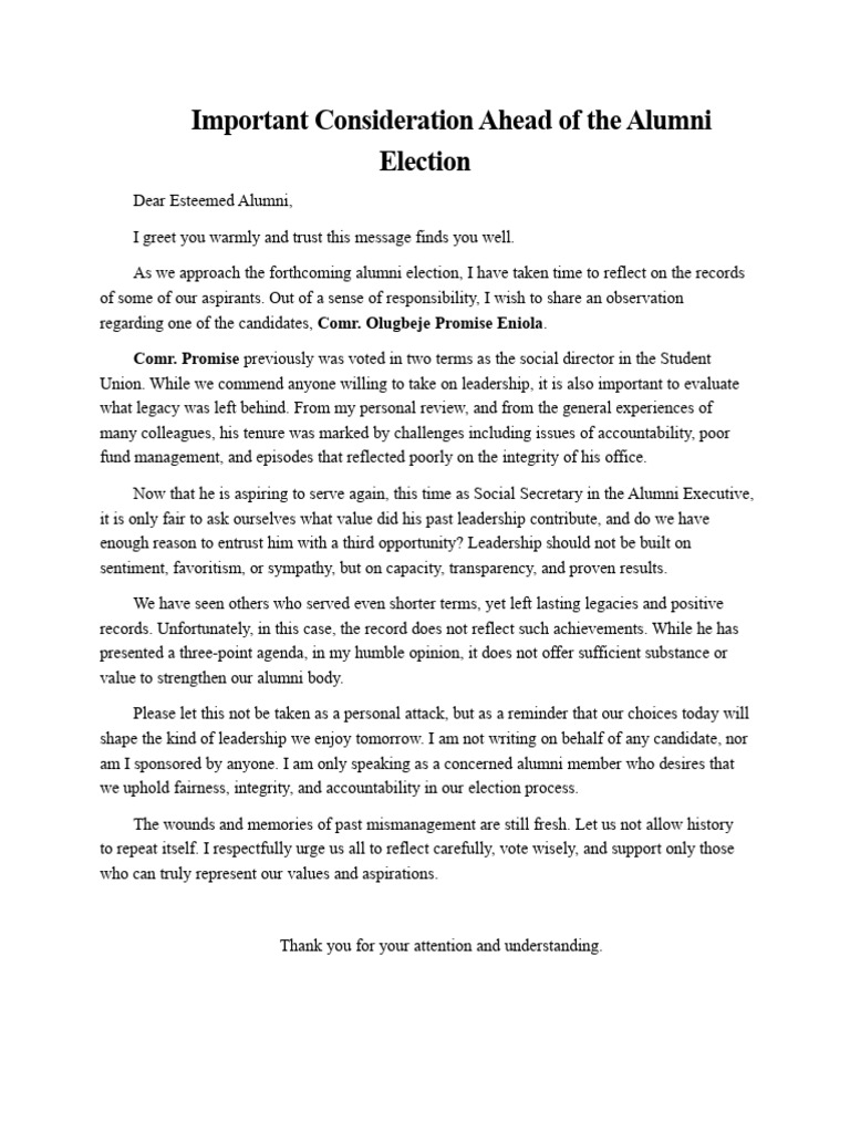 Alumni Election Candidate Evaluation | PDF