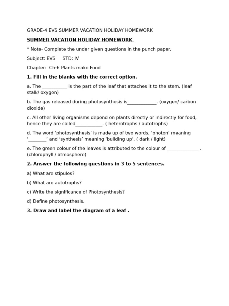 Grade-4 Evs Summer Vacation Holiday Homework | PDF