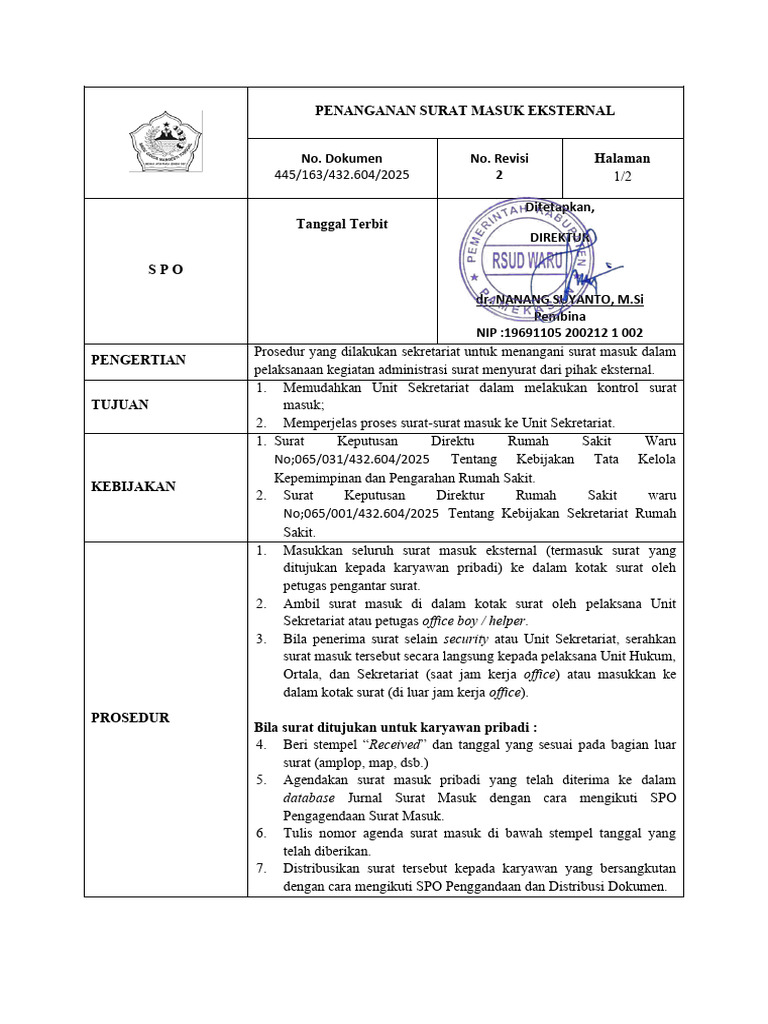 Prosedur Penanganan Surat Masuk Eksternal | PDF