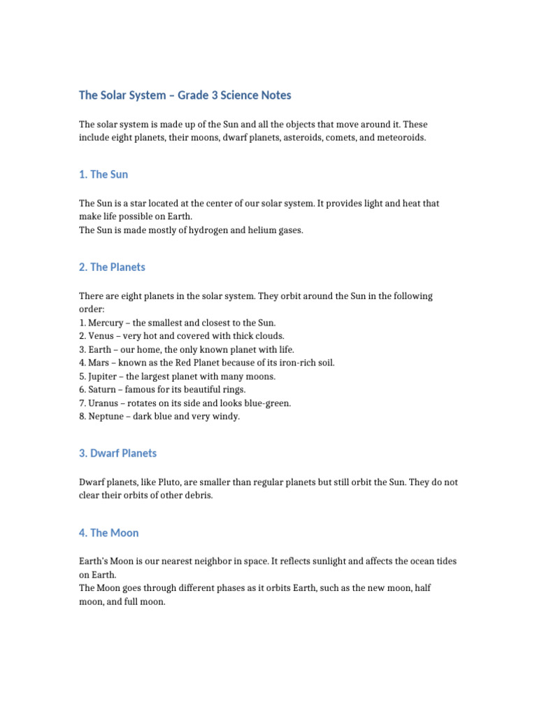 Solar System Notes for Grade 3 | PDF