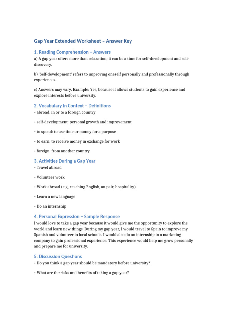 Gap Year Planning: Answer Key | PDF