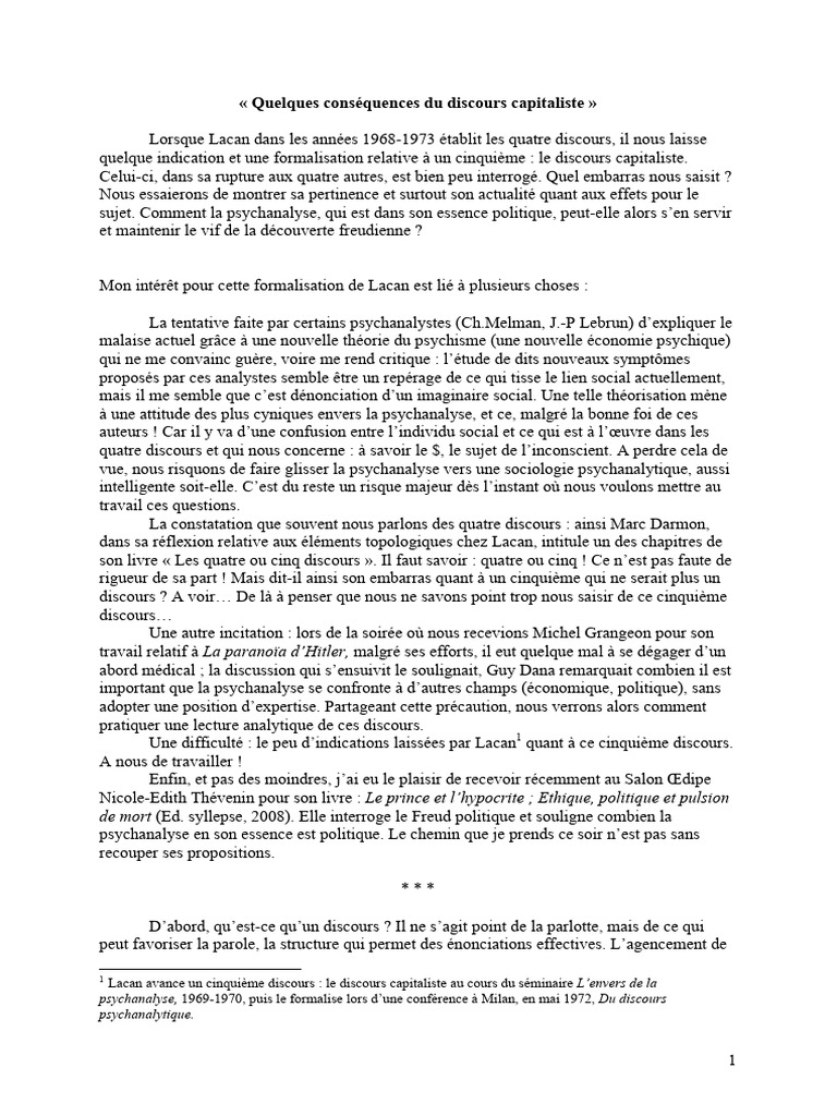 Discours capitaliste et psychanalyse | PDF | Psychanalyse | Jacques Lacan