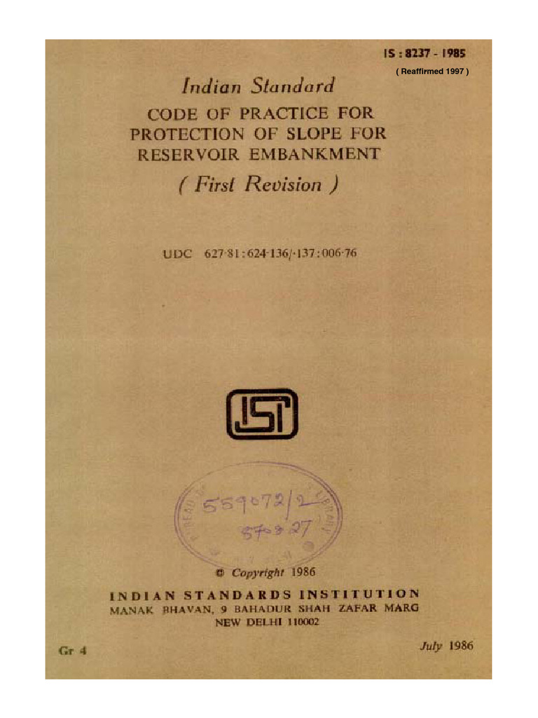 8237 Code For Protection of Slope For Reservoir Embankment | PDF