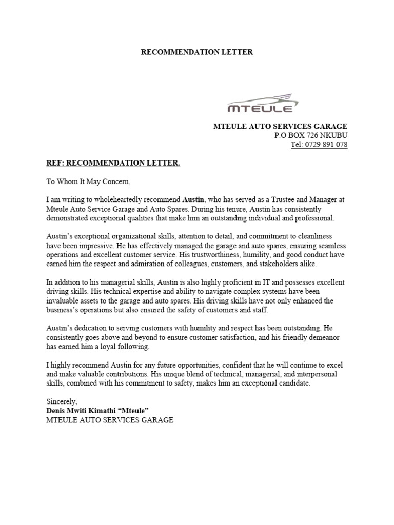 Mteule Garage Recommendation Letter | PDF