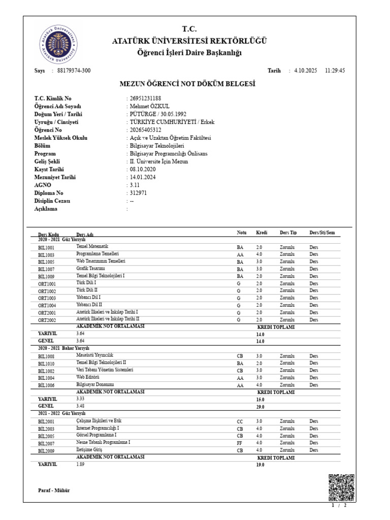 RPT Mezuniyet Transkript TR | PDF