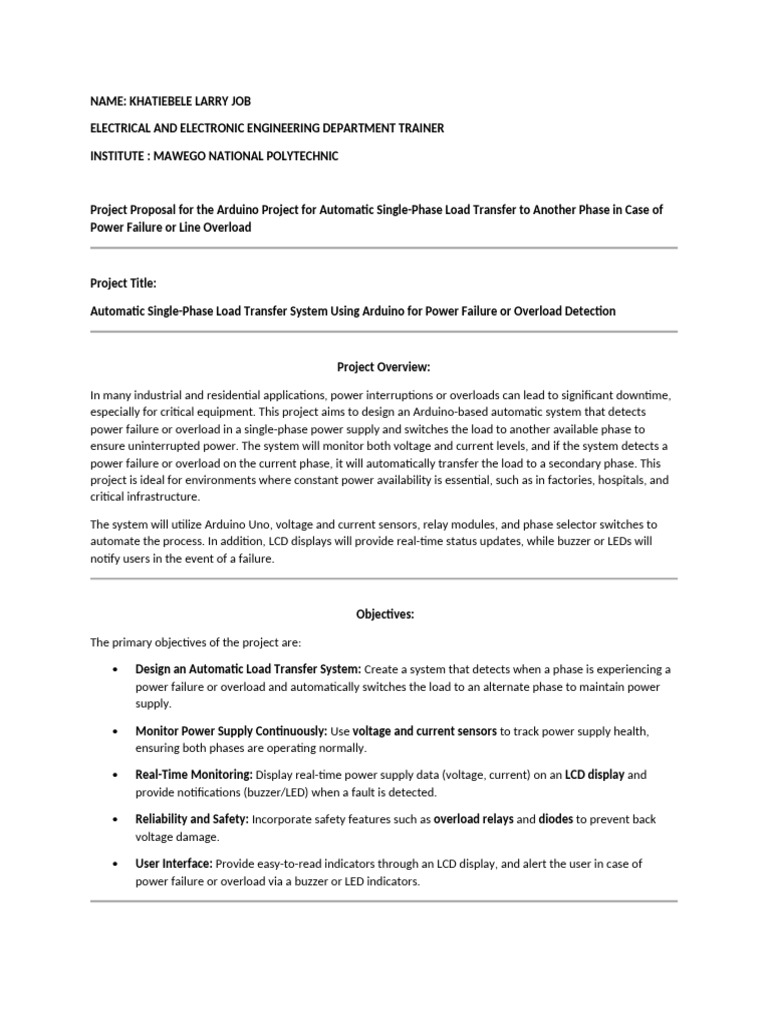 Project Proposal for the Arduino Project for Automatic Single phase ...