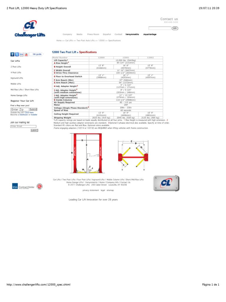 2 Post Lift, 12000 Heavy Duty Lift Specifications | PDF | Elevator ...