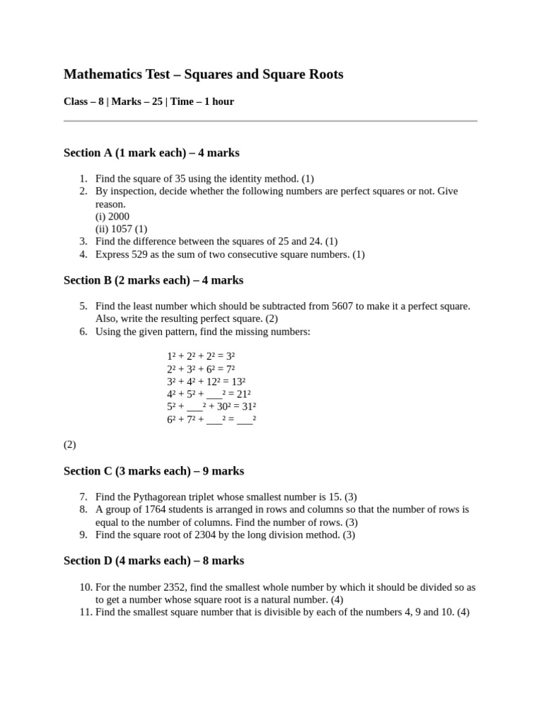 Class 8 Math Test: Squares & Roots | PDF