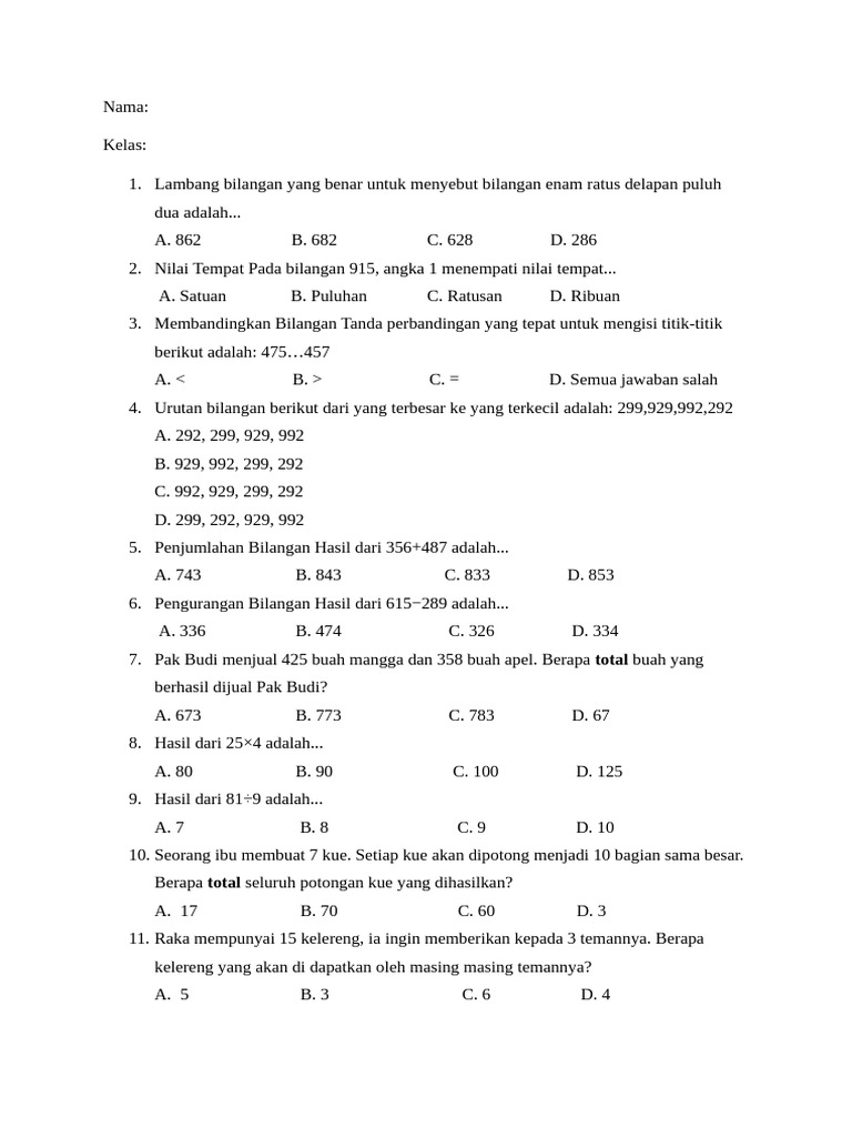 Soal UTS MTK Kelas 3 | PDF