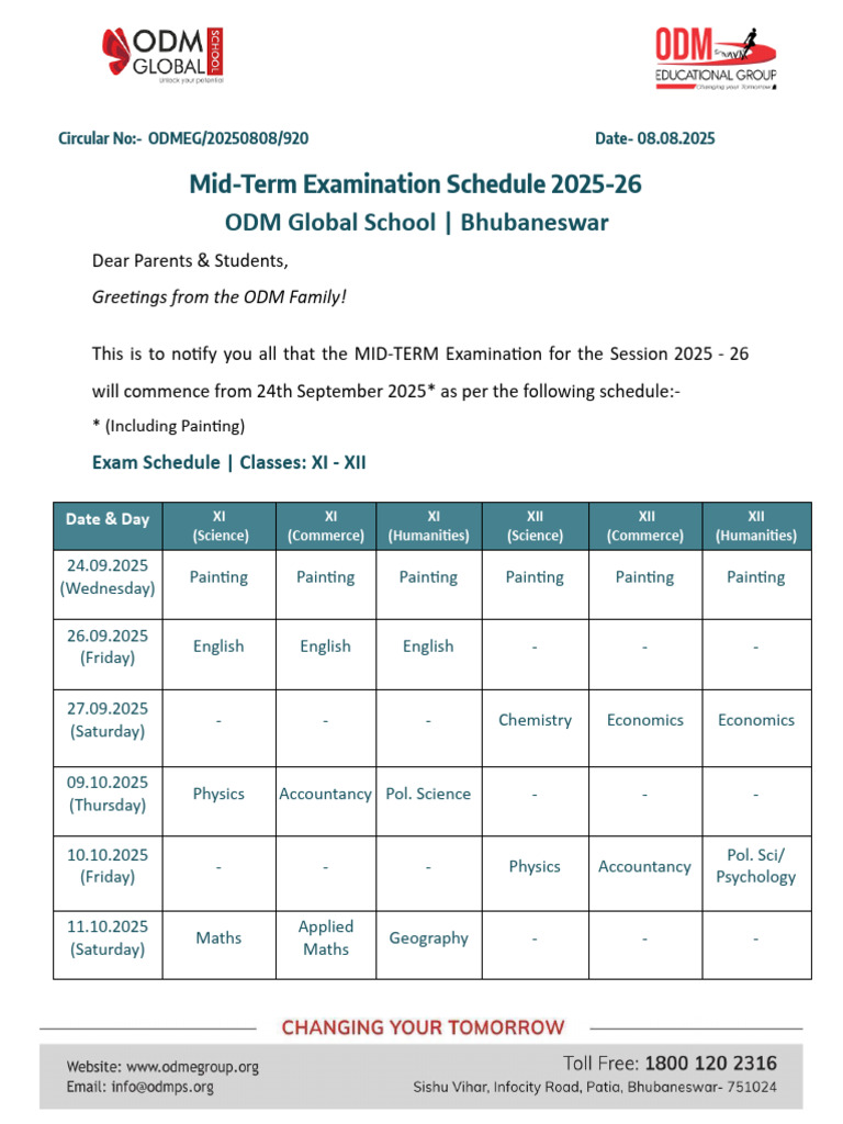 ODM School Mid-Term Exam Schedule 2025 | PDF