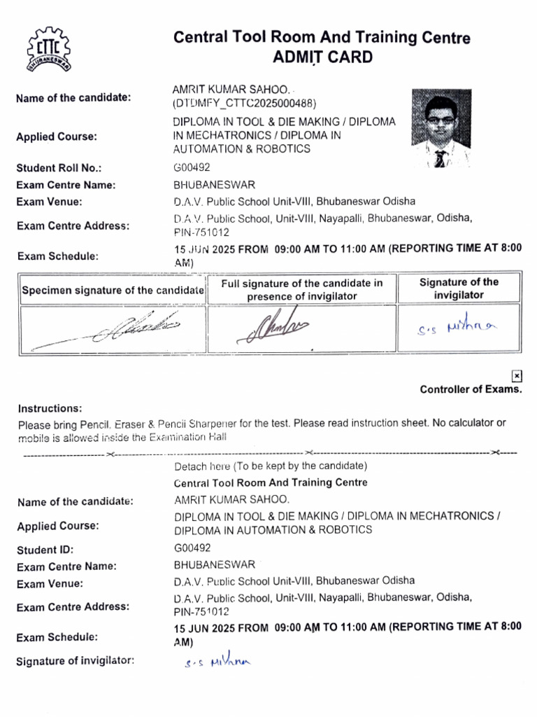 Exam Admit Card for Diploma Courses | PDF
