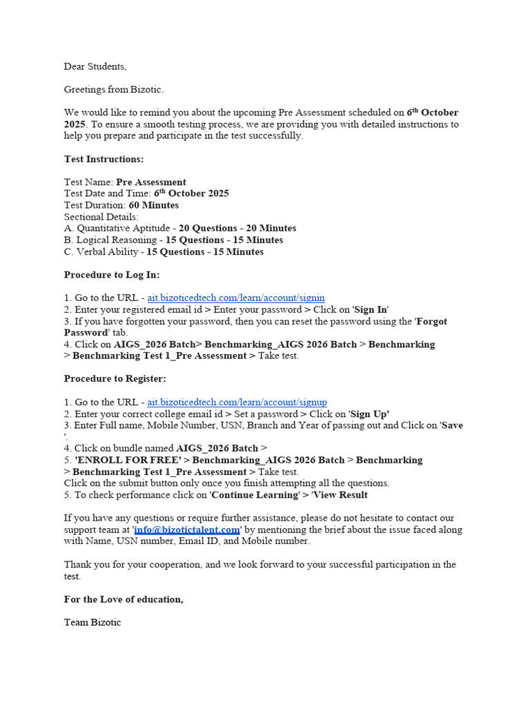 Pre Assessment Instructions for Students | PDF