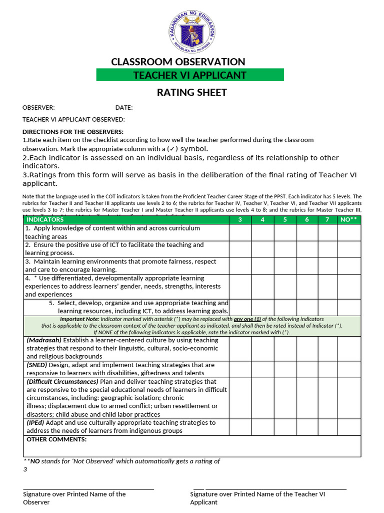 894135468-COT-Rating-Sheet-Teacher-VI-Applicant | PDF | Educational ...