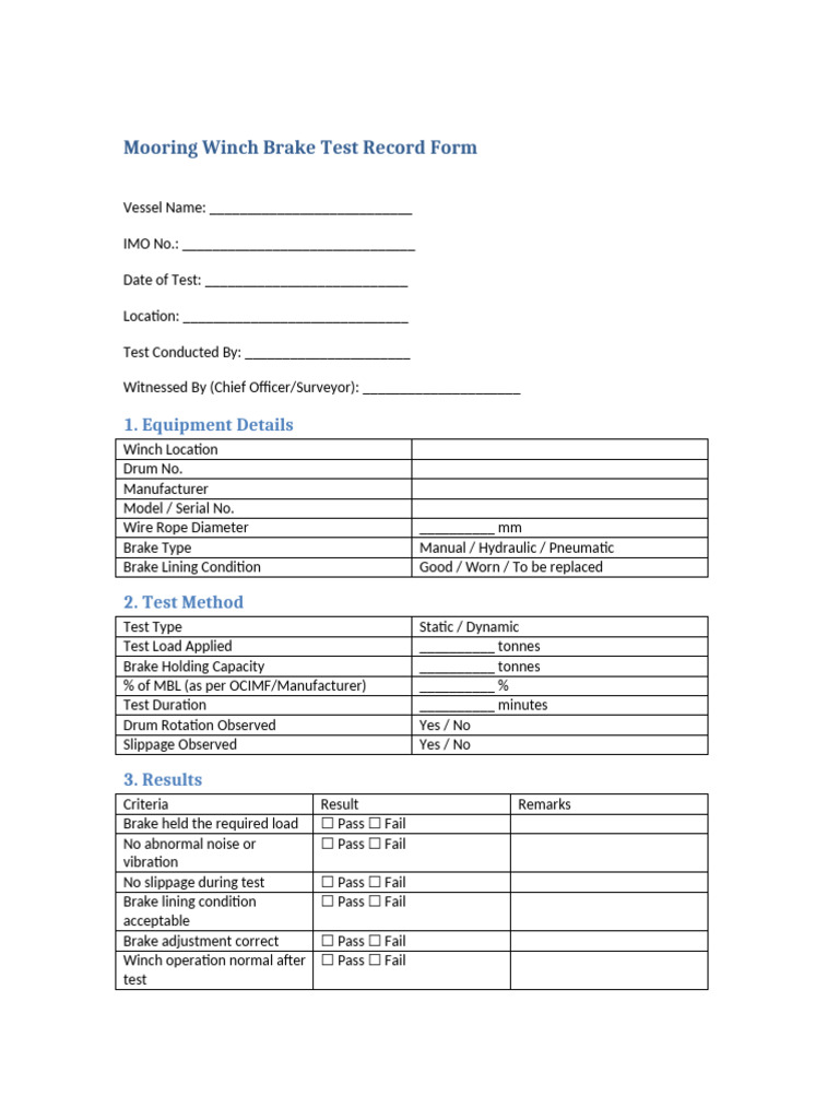 Mooring Winch Brake Test Record | PDF
