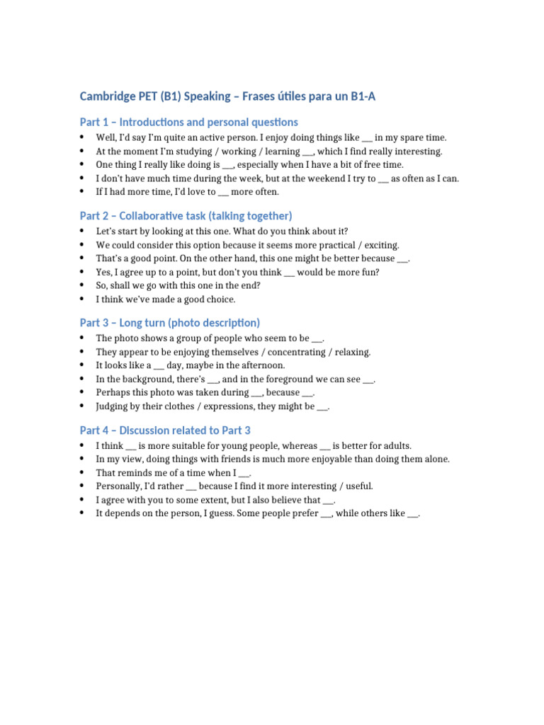 Cambridge PET B1 Speaking Tips | PDF