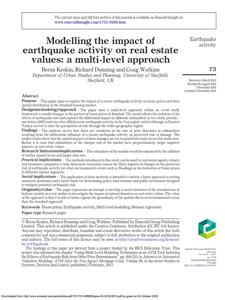 Modelling The Impact of Earthquake Activity On Real Estate Values A ...