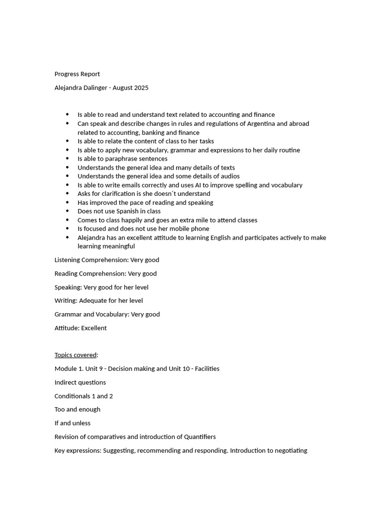 Alejandra Dalinger's Progress Report 2025 | PDF