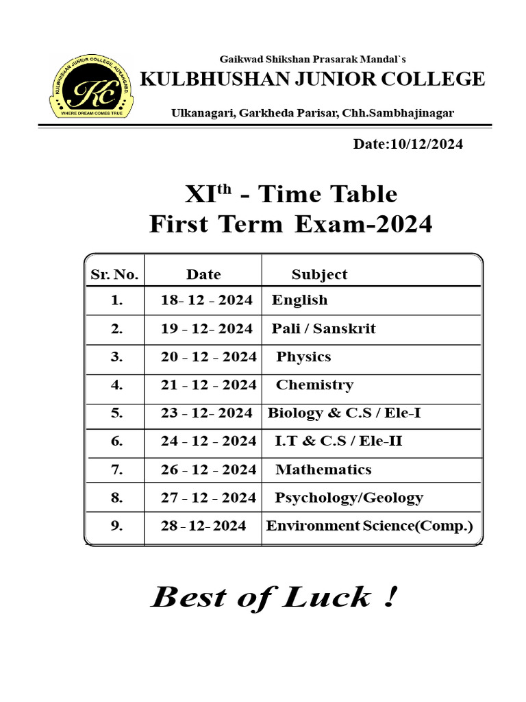 11th First Term Exam Time Table-2024-1 | PDF
